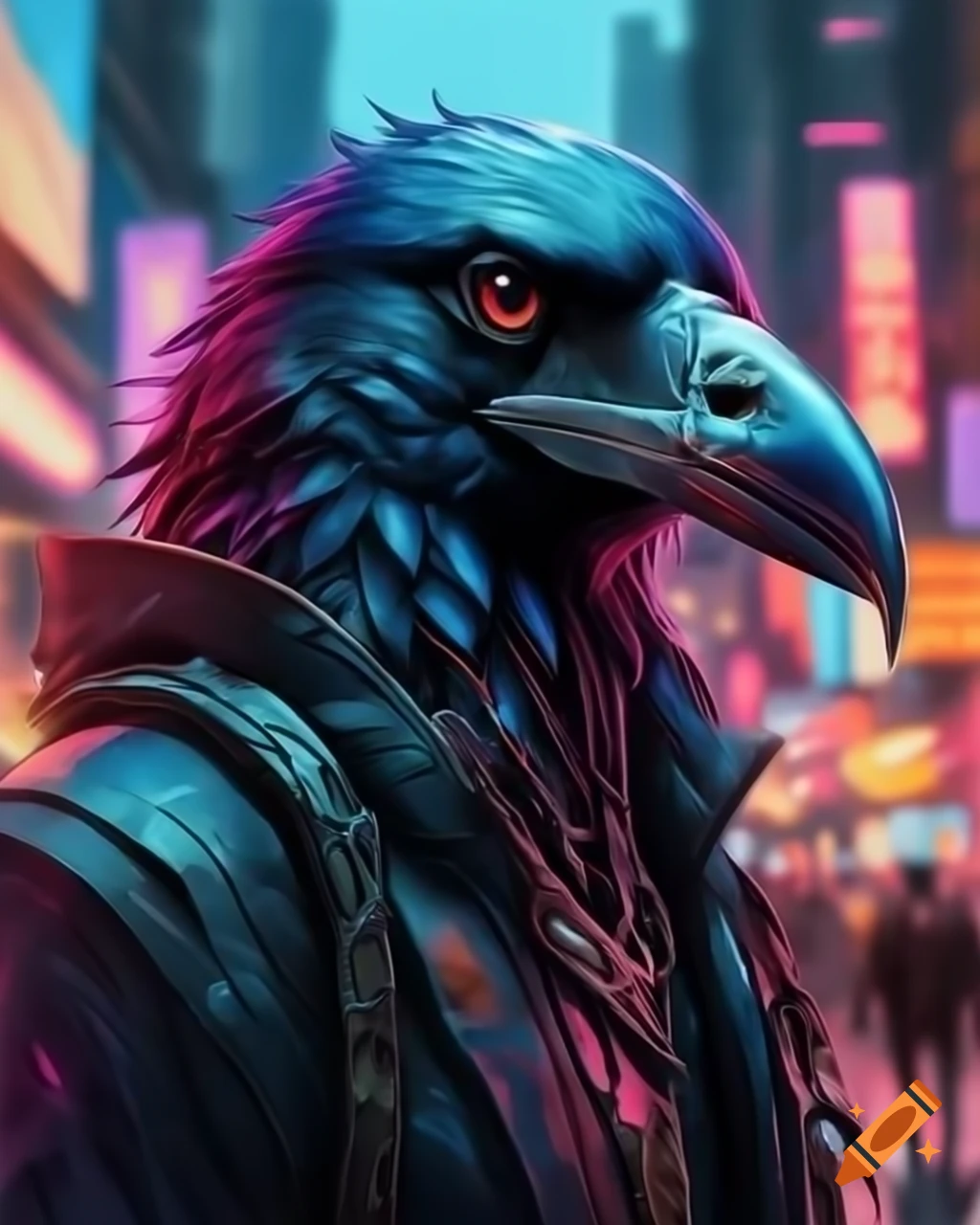 Close-up portrait of humanoid raven with bird-like face and human torso ...