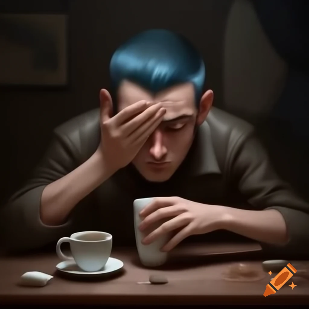 Visually impaired one-eyed man with eyepatch sitting at table with ...