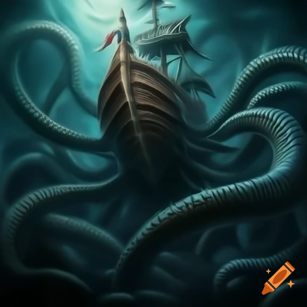 Surreal dark fantasy art of pirate ship attacked by gigantic sea ...