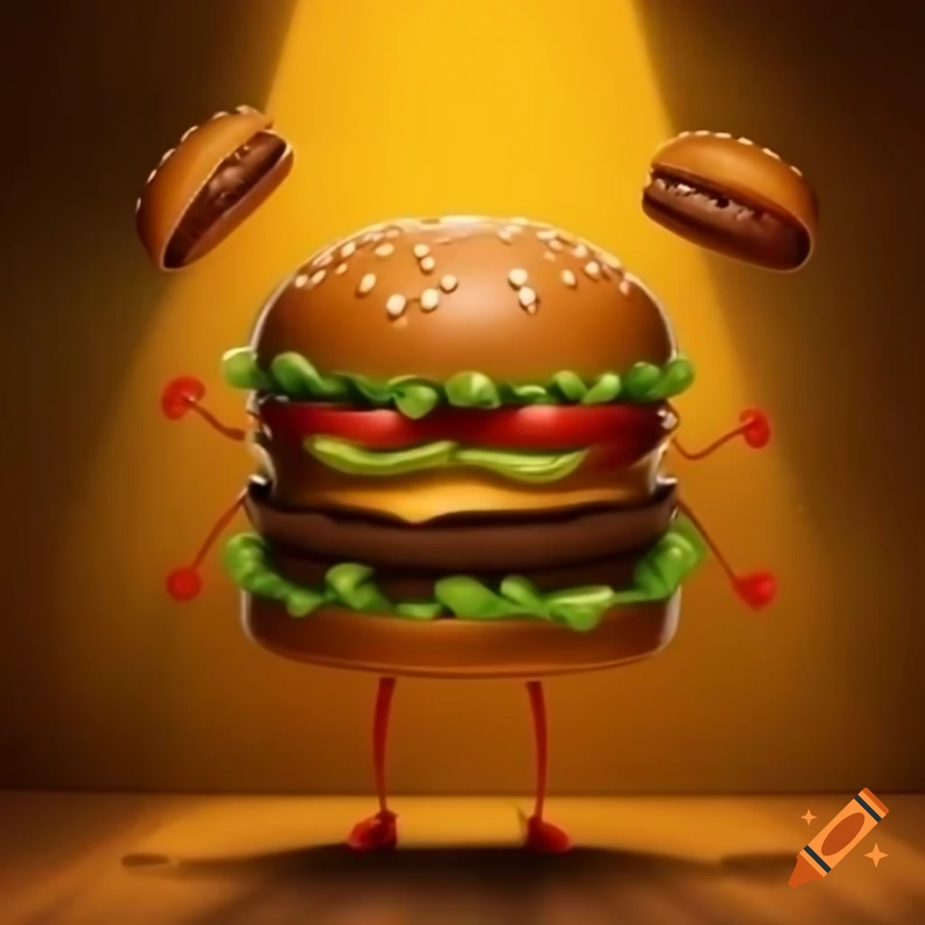 Comedic silhouette of hamburger thief tossing burger against golden ...