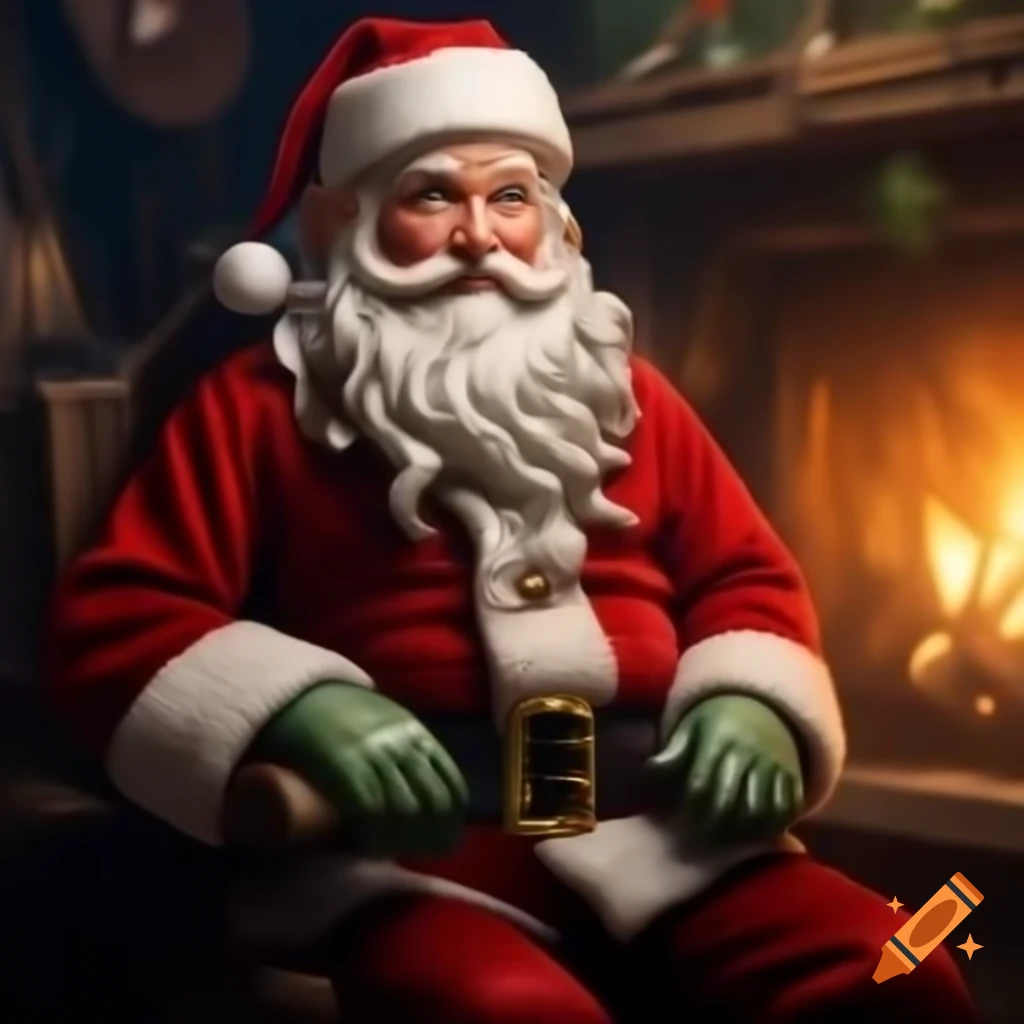 Realistic Santa sitting by fireplace in workshop with elves on Craiyon