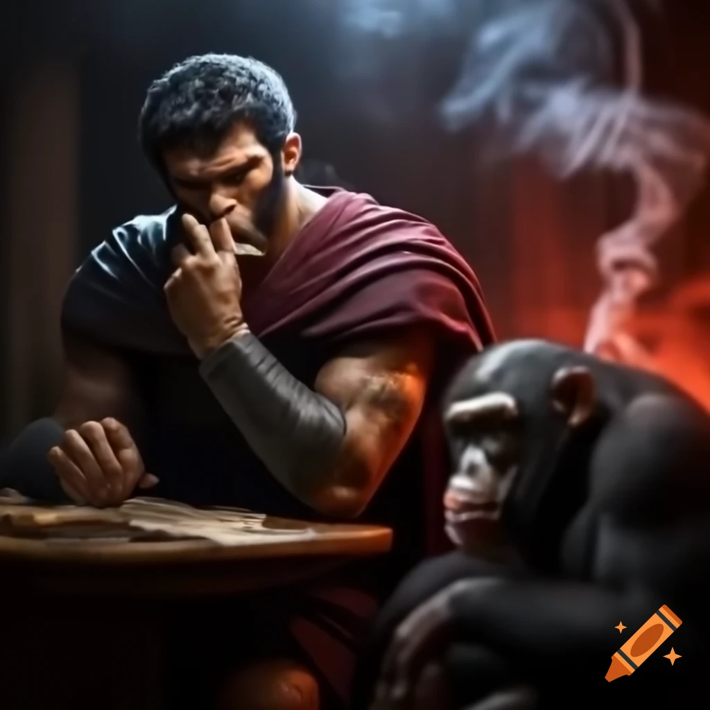 Guts from Berserk smoking a cigar in a study with a chimp on Craiyon