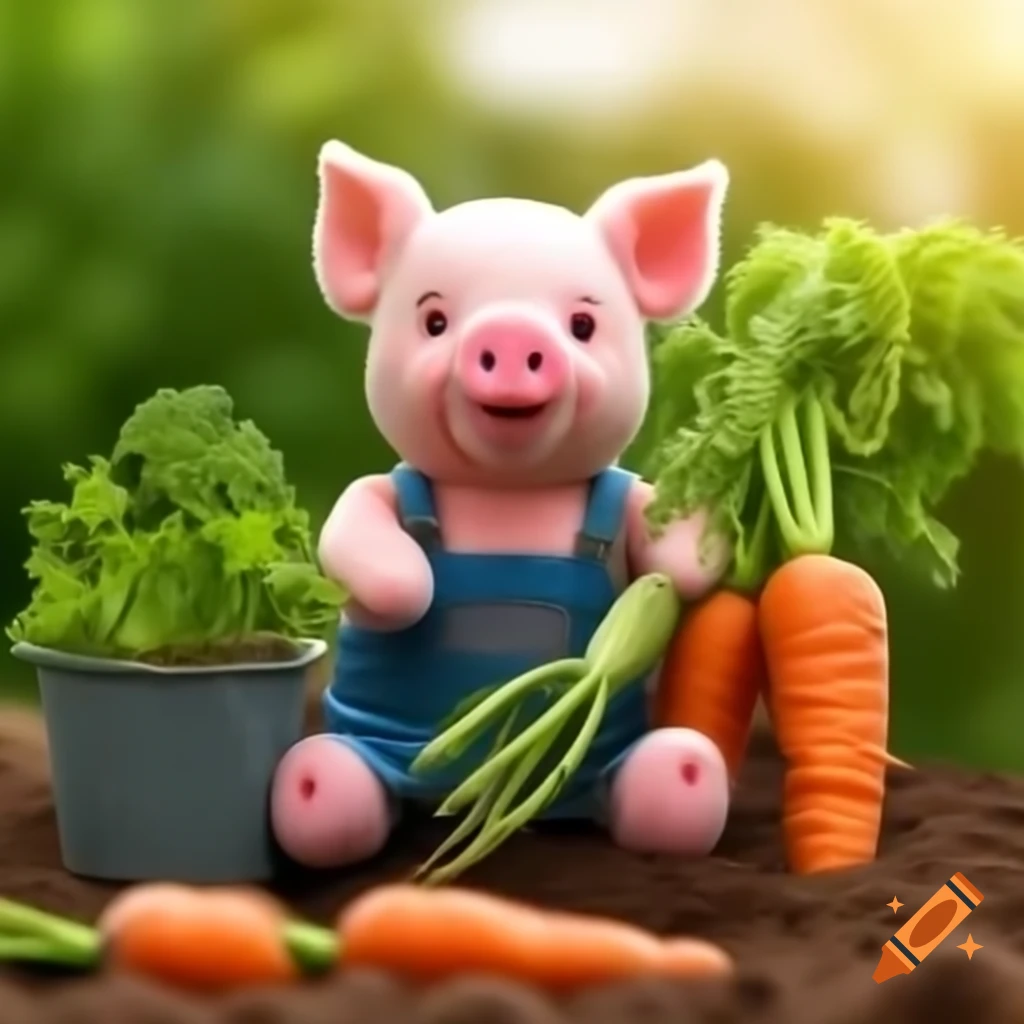 Teddy piglet gardener caring for carrots on Craiyon
