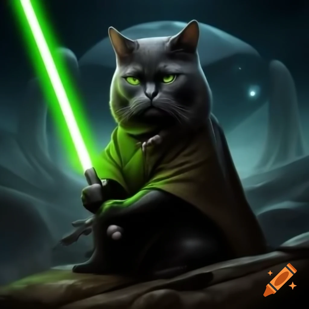 Jedi Master Chantilly black cat with green lightsaber on alien world on Craiyon
