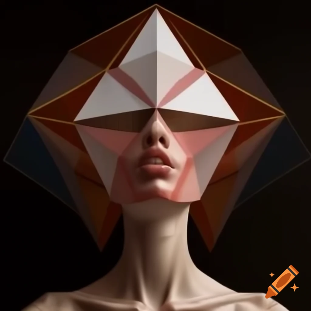Surreal human with geometric head lacking facial features, side view on ...