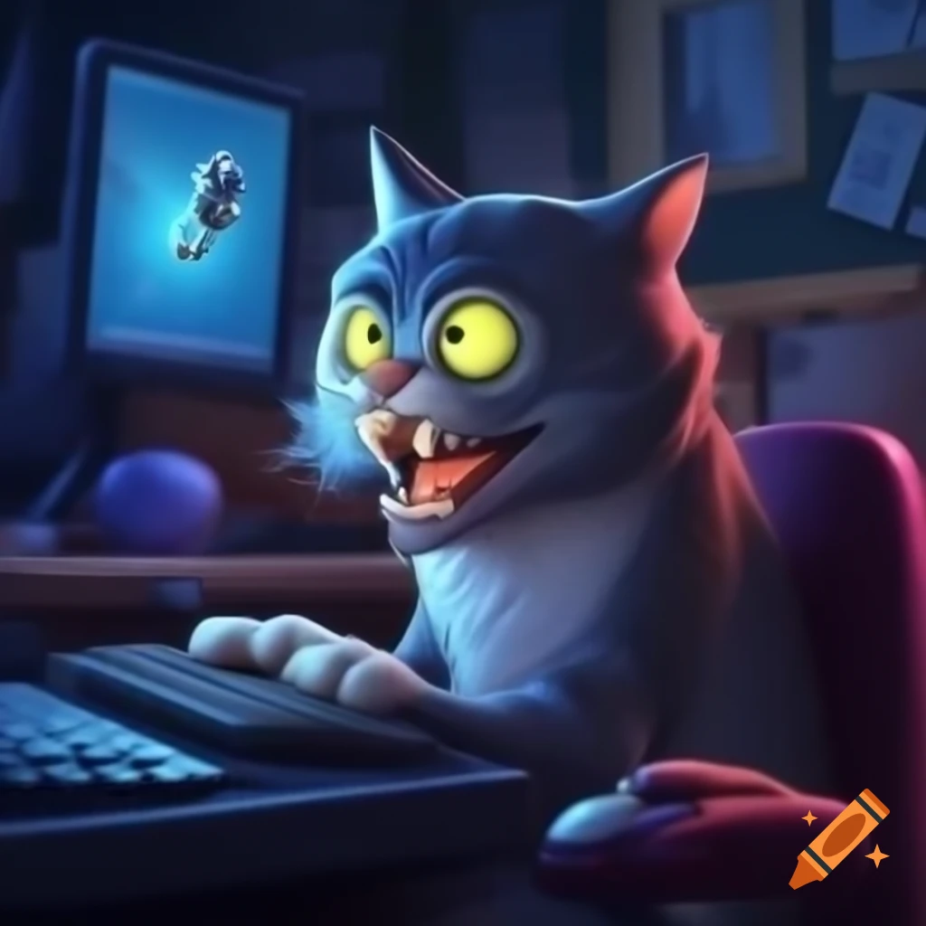 Furious cartoon cat slamming computer in chaotic room on Craiyon