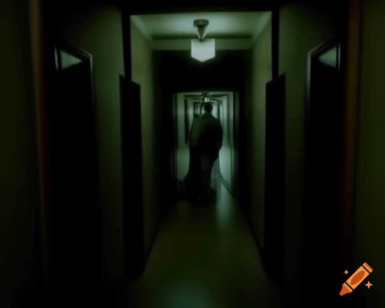 VHS security camera view of dark hotel hallway with silhouette of a ...