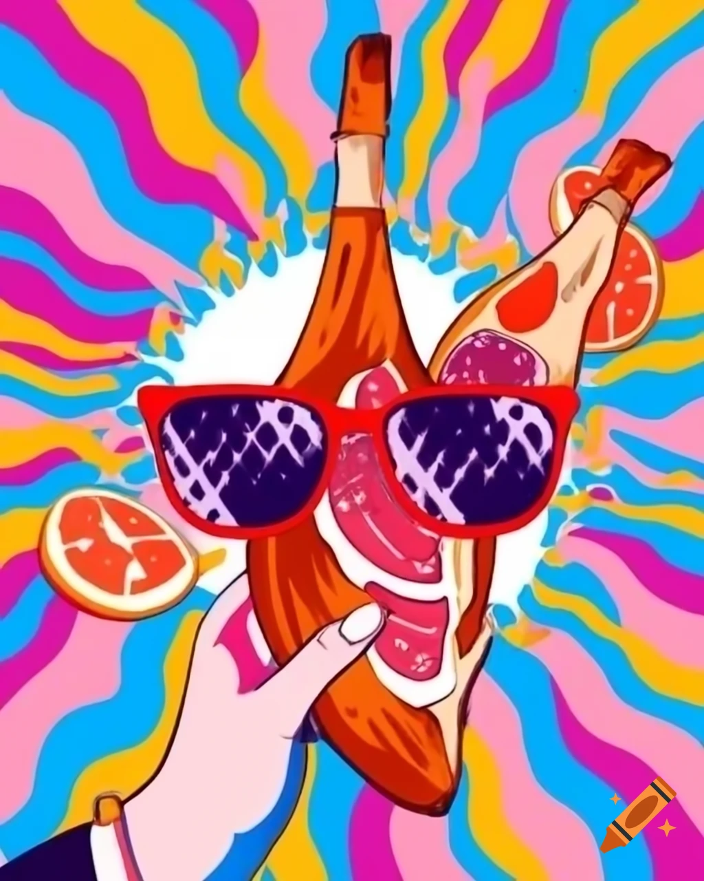 Pop-art illustration of a dancing jamón ibérico with sunglasses and ...