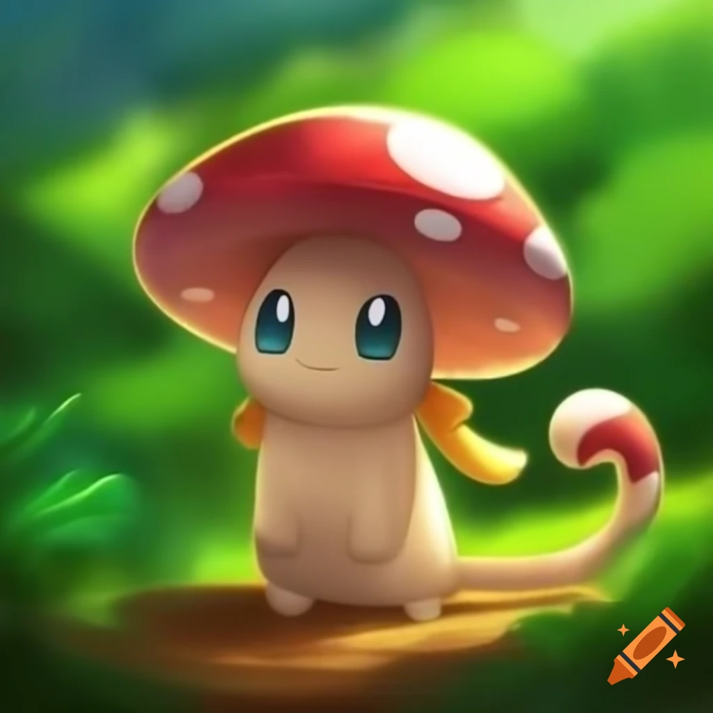 Whimsical feline Pokémon with mushroom-shaped head in forest on Craiyon