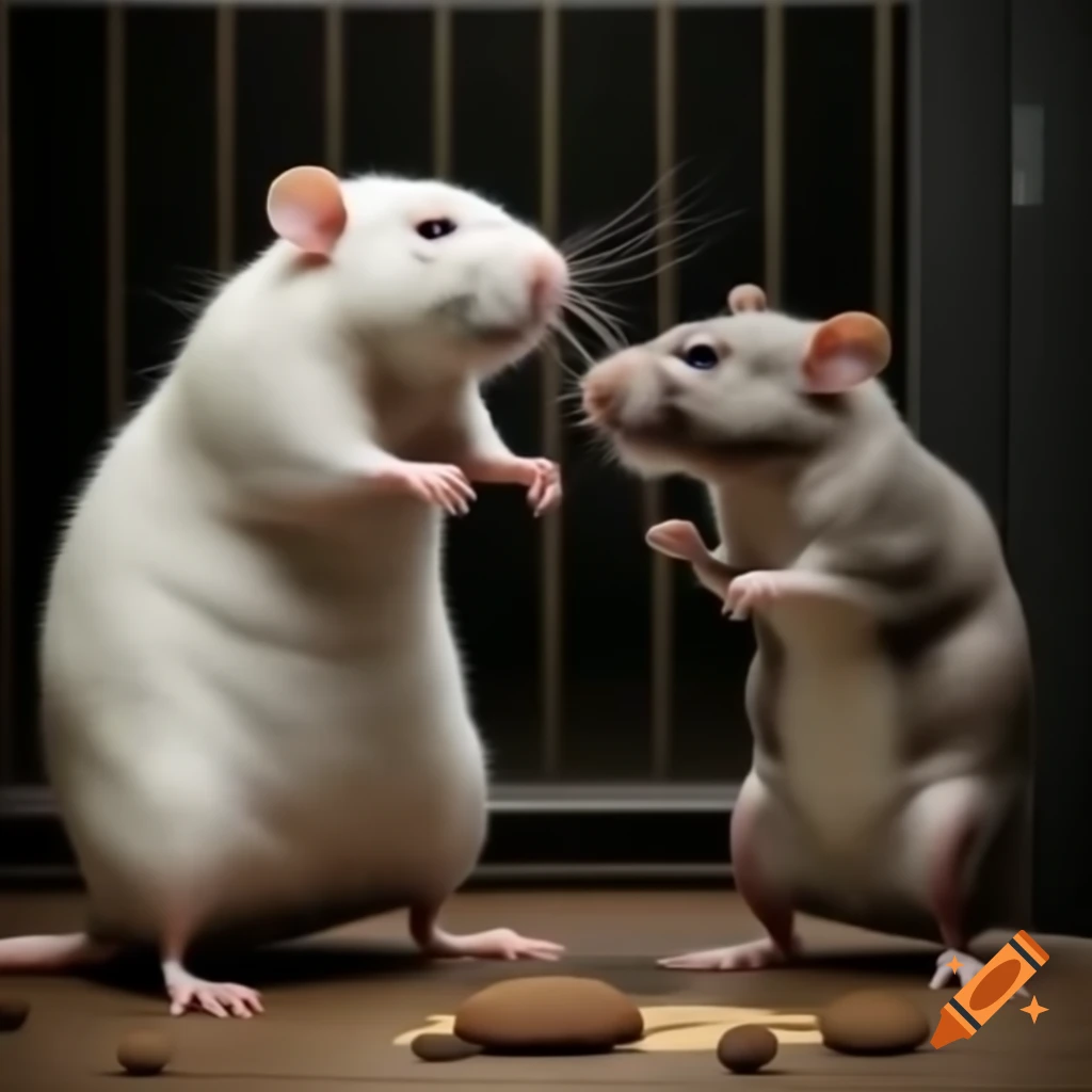 Two fighting rats, one fat white and one black-marked, in a cage over a ...