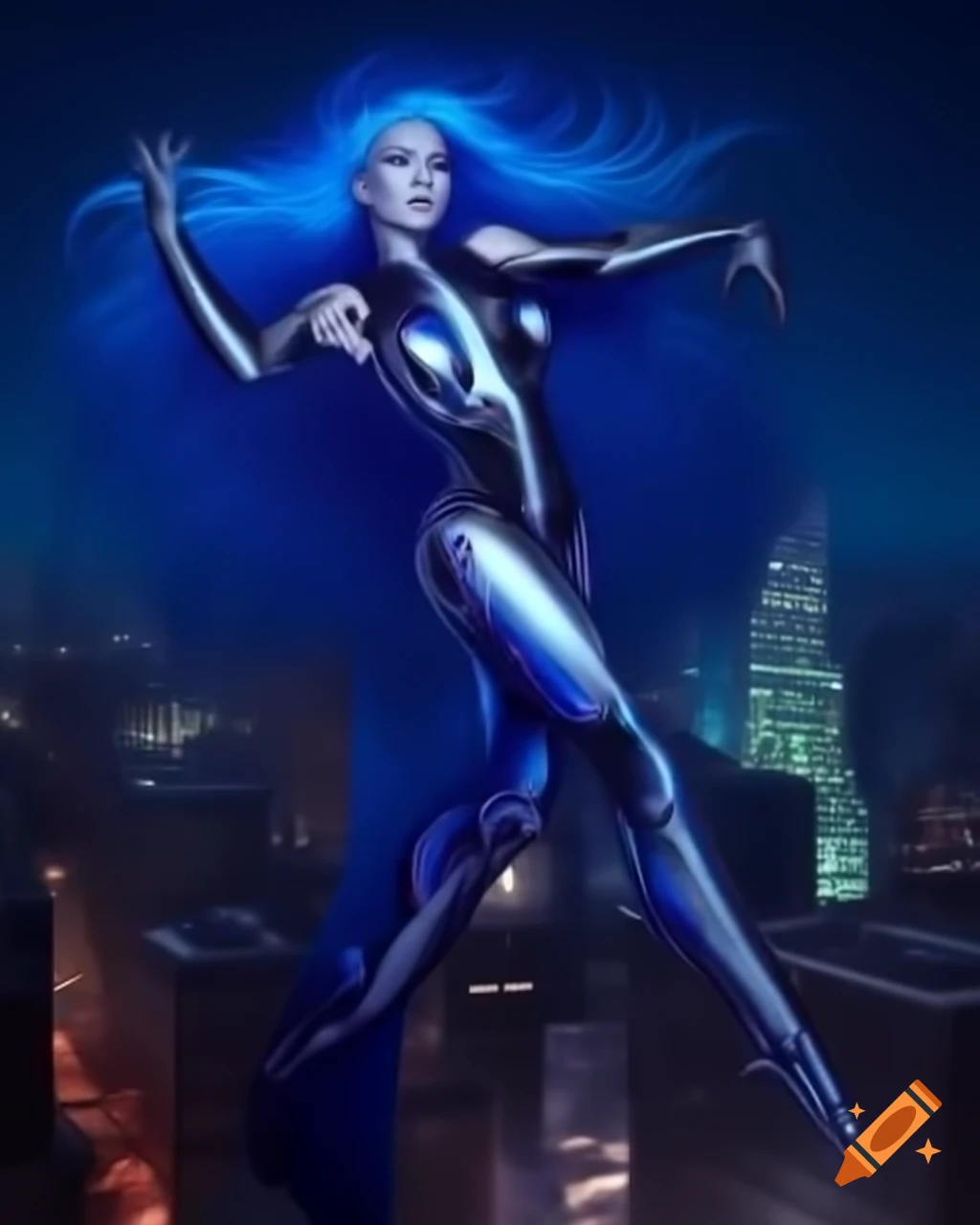 Chrome-plated cyborg dancing across futuristic cityscape on Craiyon