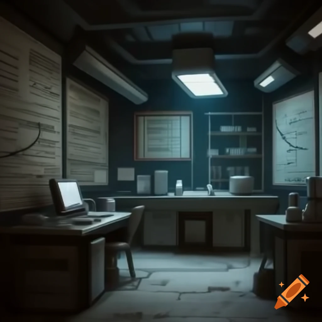 Futuristic underground laboratory with equations and chemistry beakers ...