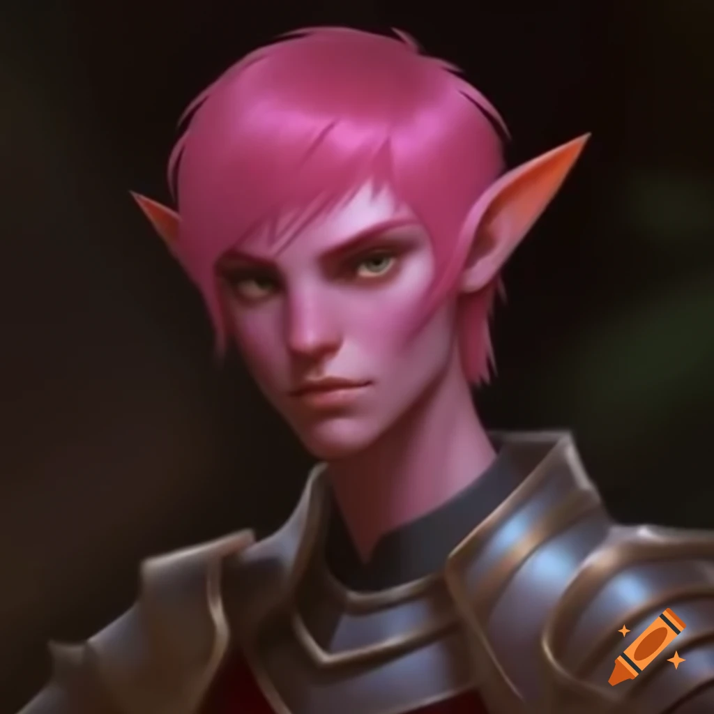 Short-haired pink-skinned fairy knight in fantasy attire on Craiyon