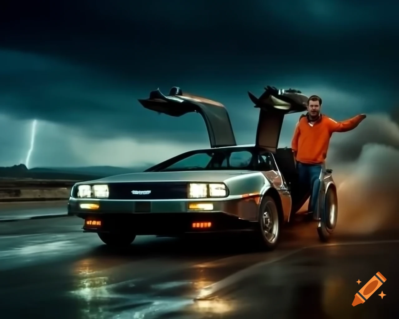 Man entering DeLorean surrounded by lightning in stormy orange jacket ...