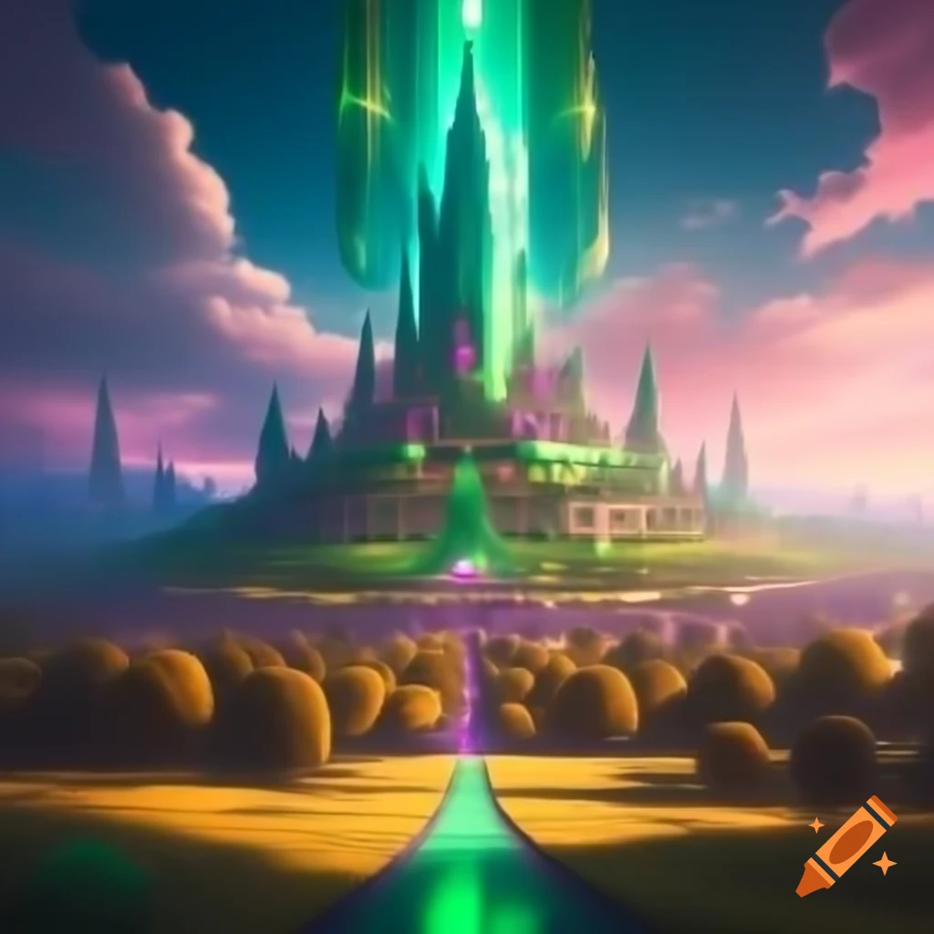 Magnificent fantasy city with emerald skyscrapers and magical lights ...