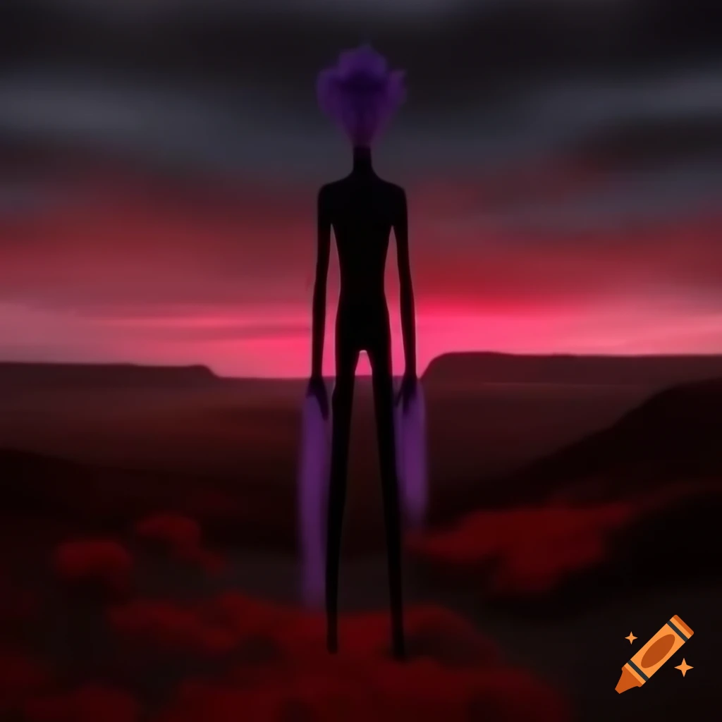 Mysterious tall figure with shadowy outline in red landscape with ...