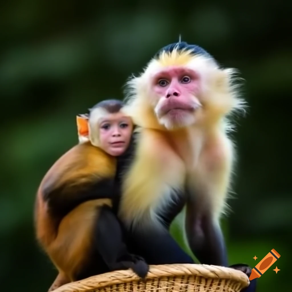 Capuchin-macaque hybrid monkey sitting in a basket on Craiyon