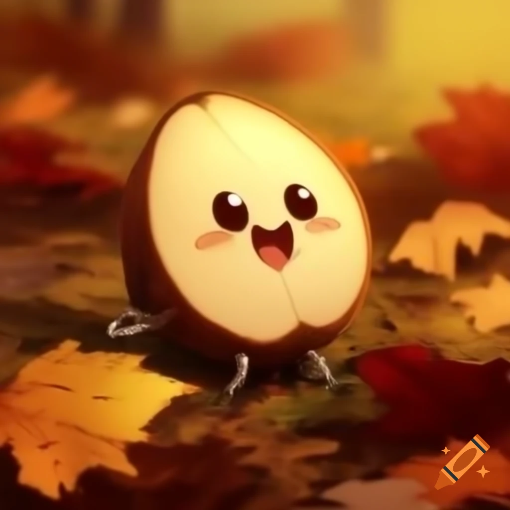 Cutesy hazelnut character sitting in autumn forest on Craiyon