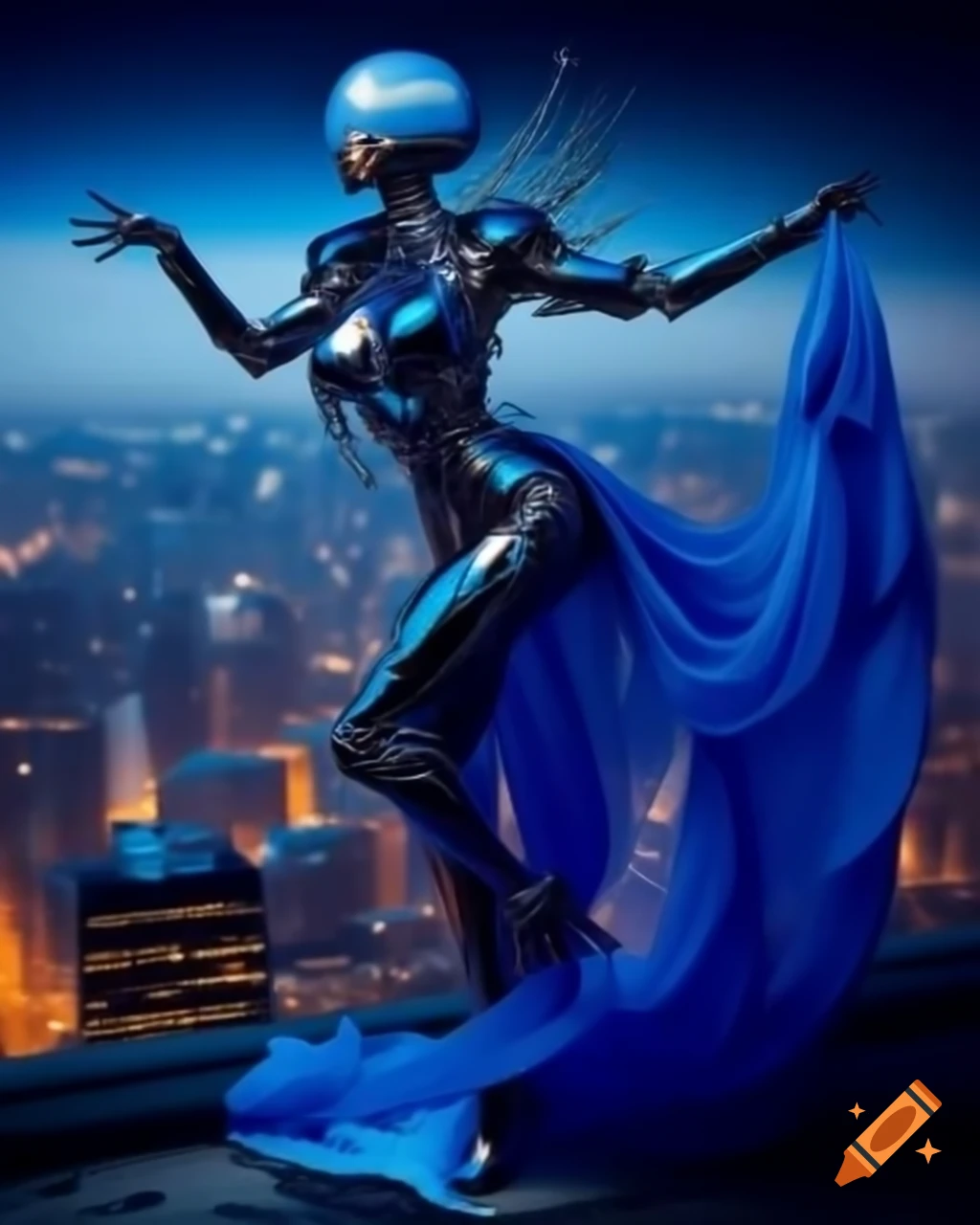 Chrome-plated cyborg dancing across cityscape at night on Craiyon
