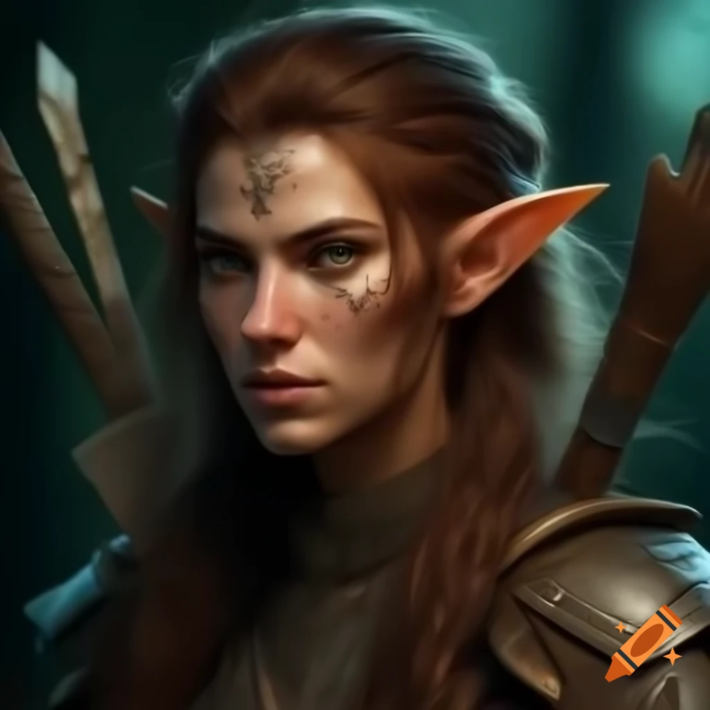 Realistic depiction of a wood elf druid with brown hair, armored ...