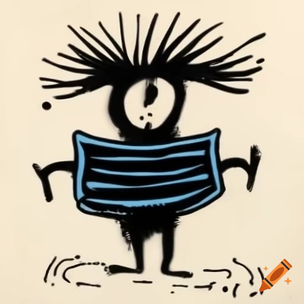 Cartoon Trauma character with tiny black mask in Keith Haring style on ...