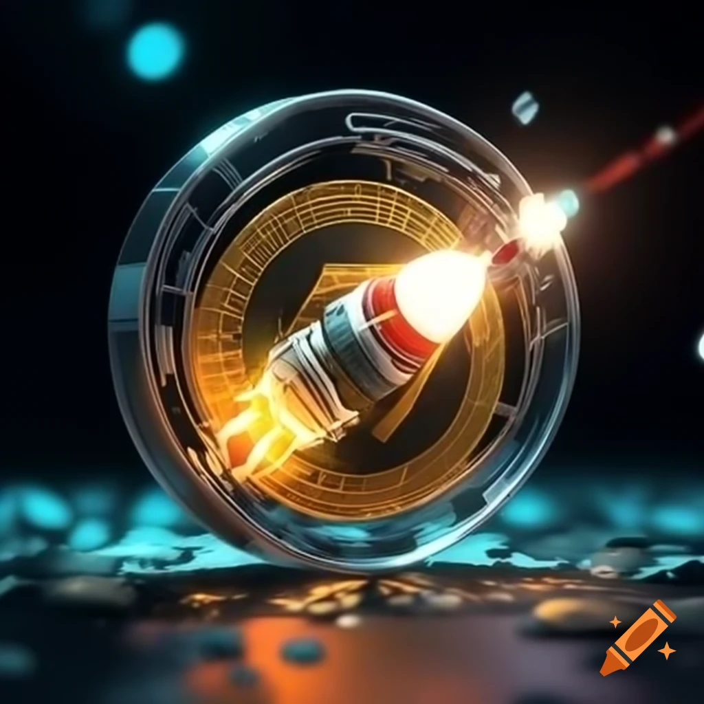 Futuristic crypto-coin with platinum surface and rocket design on Craiyon