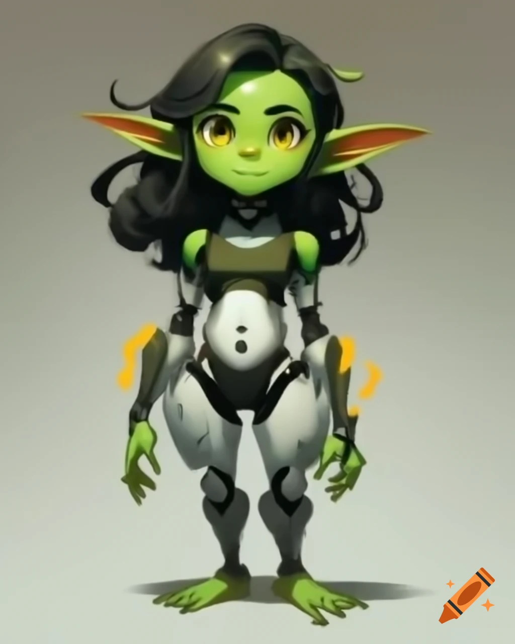 Cheerful anime cyborg girl with green skin and goblin ears striking a ...