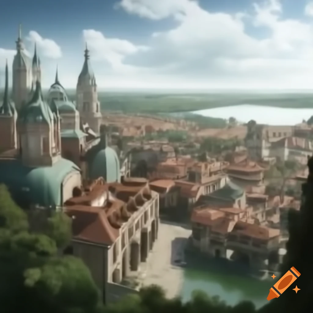 Renaissance city on promontory by lake with stained glass windows and ...