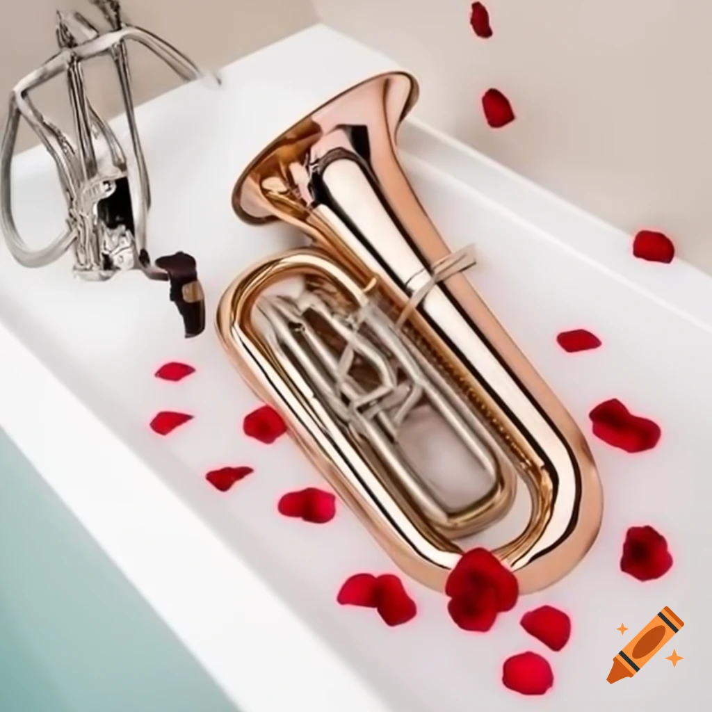 Tuba in bathtub filled with foam and rose petals on Craiyon