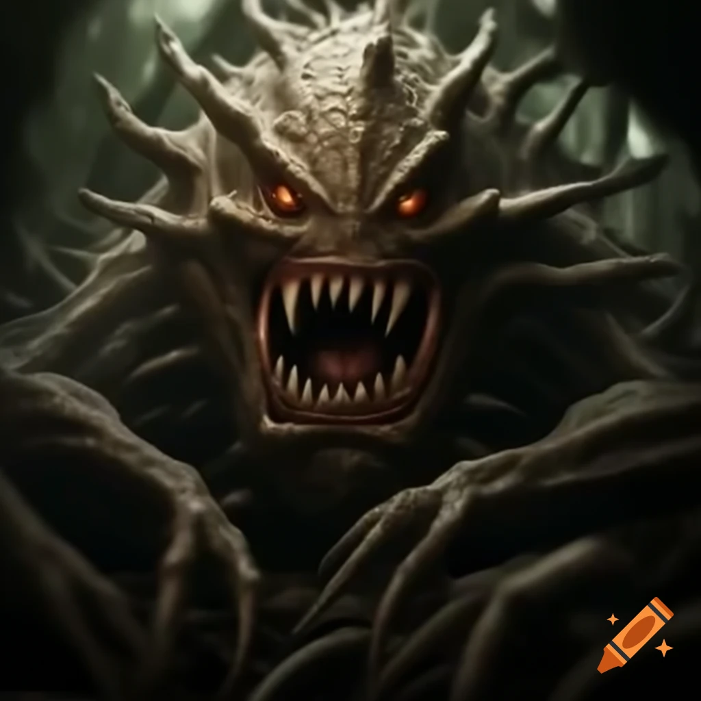 Grimdark beholder creature with large teeth and eyes on stalks on Craiyon