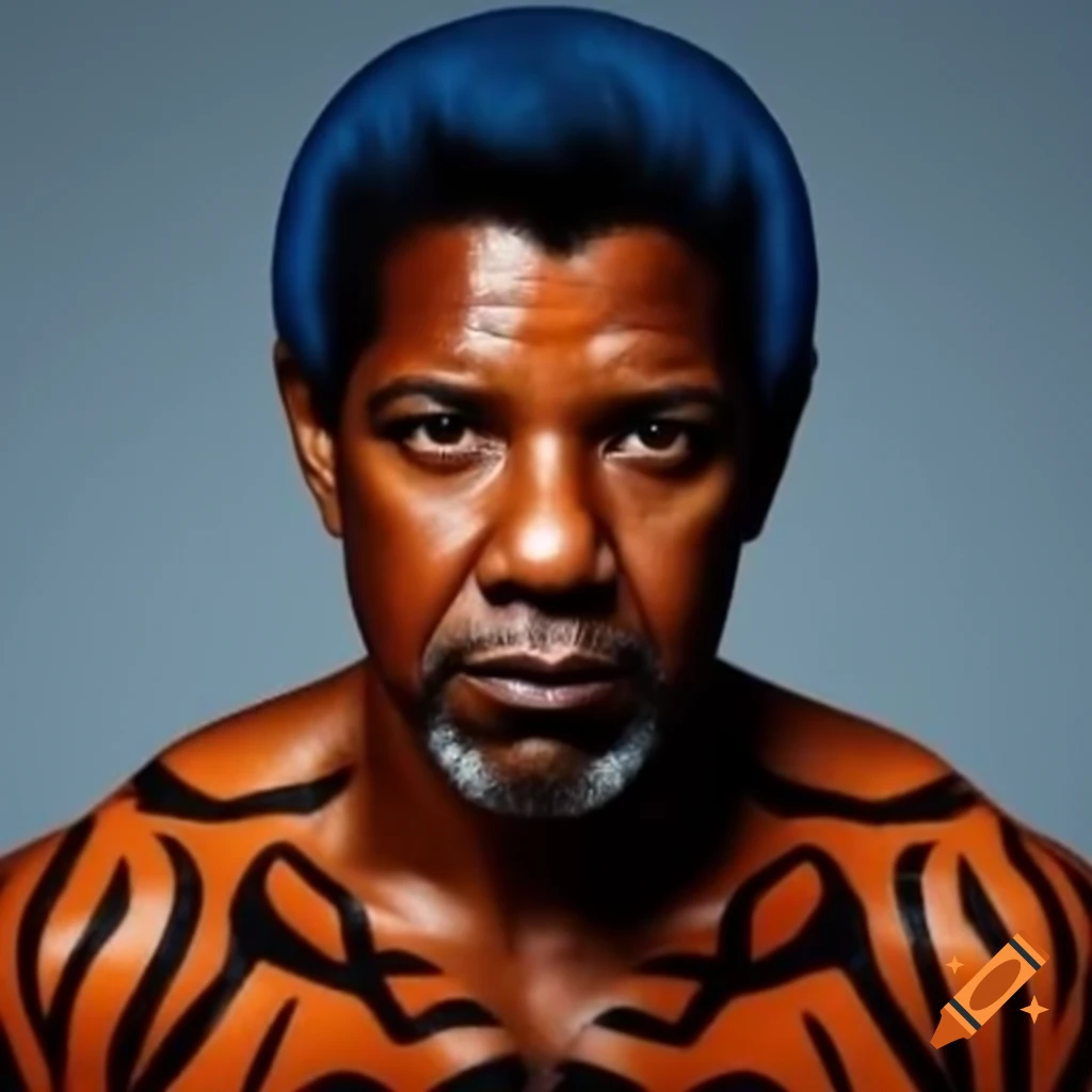 Denzel Washington with tiger-style makeup featuring blue hair and ...