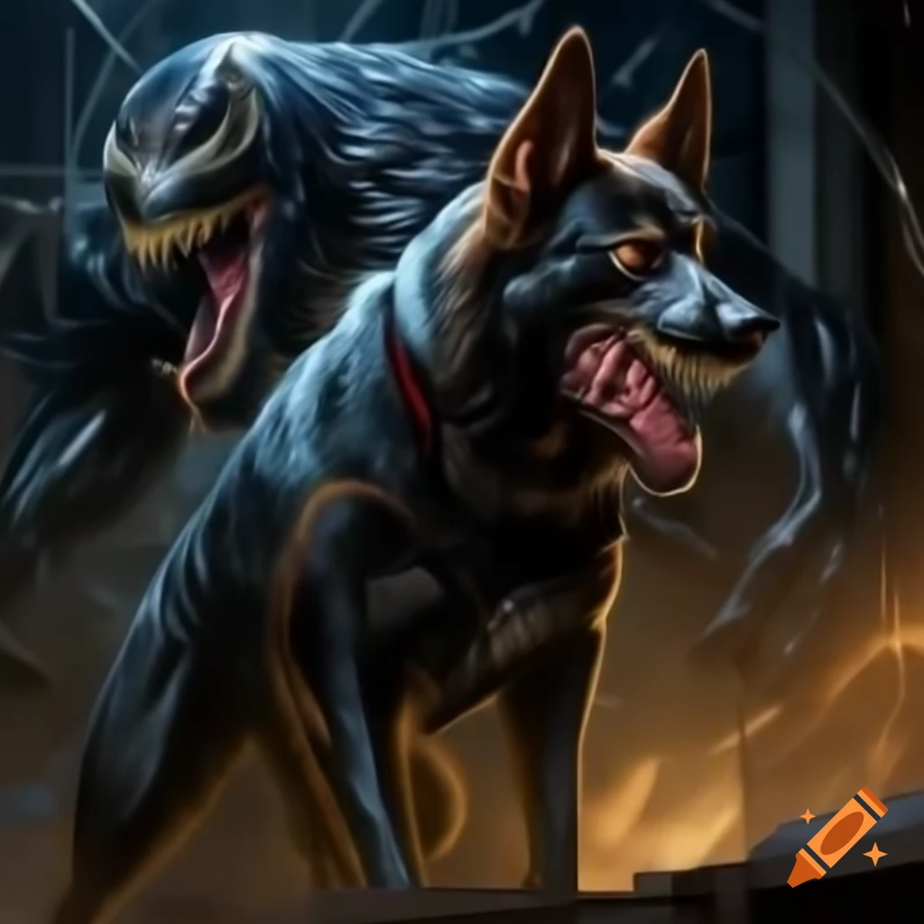 Hyper-realistic German Shepherd dog next to Venom in gritty DC universe ...
