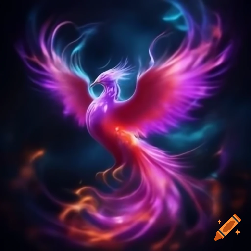 Vibrant purple phoenix illuminated with light on Craiyon