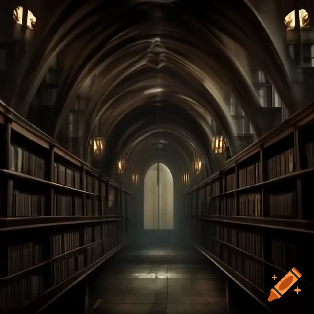 Cinematic scene of harry potter in magical library exploring for spells ...