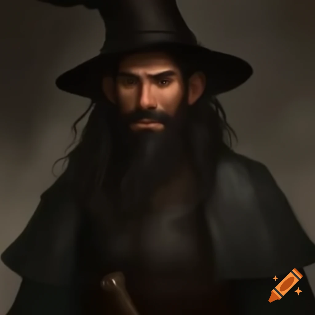 Young wizard apprentice in ragged black clothing preparing for an ...