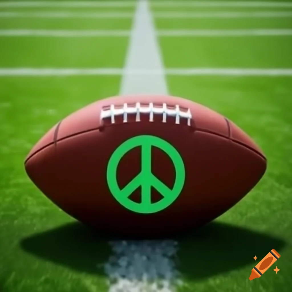 Football on field with peace symbol embossed in green turf on Craiyon