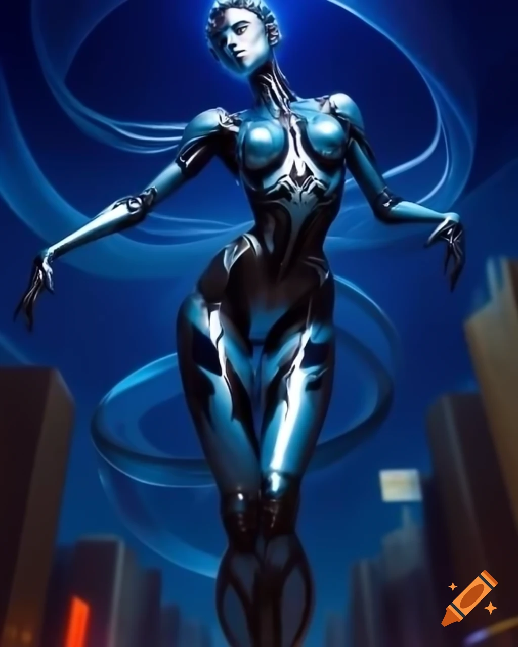 Chrome-plated cyborg dancing across cityscape at night on Craiyon