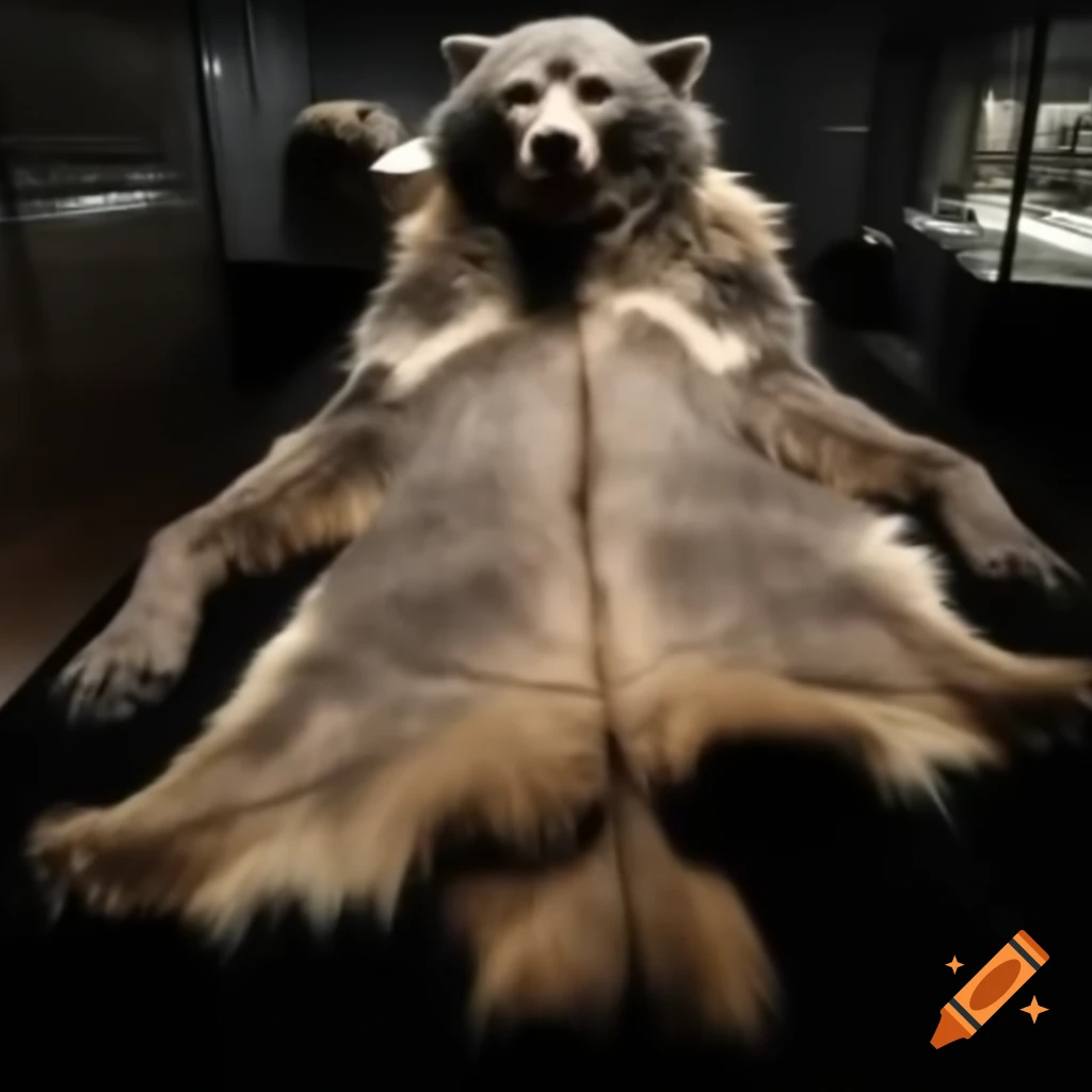 Silver-grey werewolf pelt displayed in museum on Craiyon