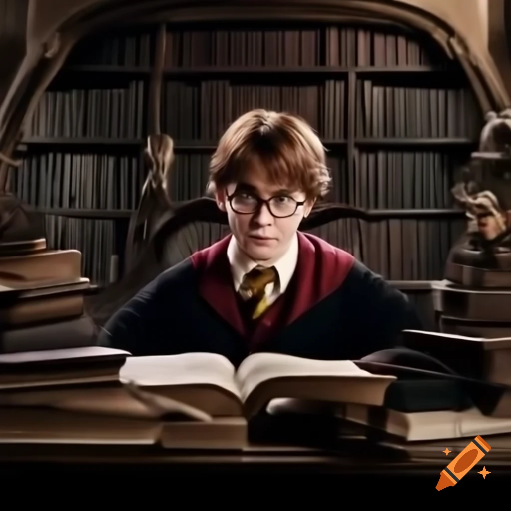 Cinematic scene of Harry Potter in magical library exploring for spells ...