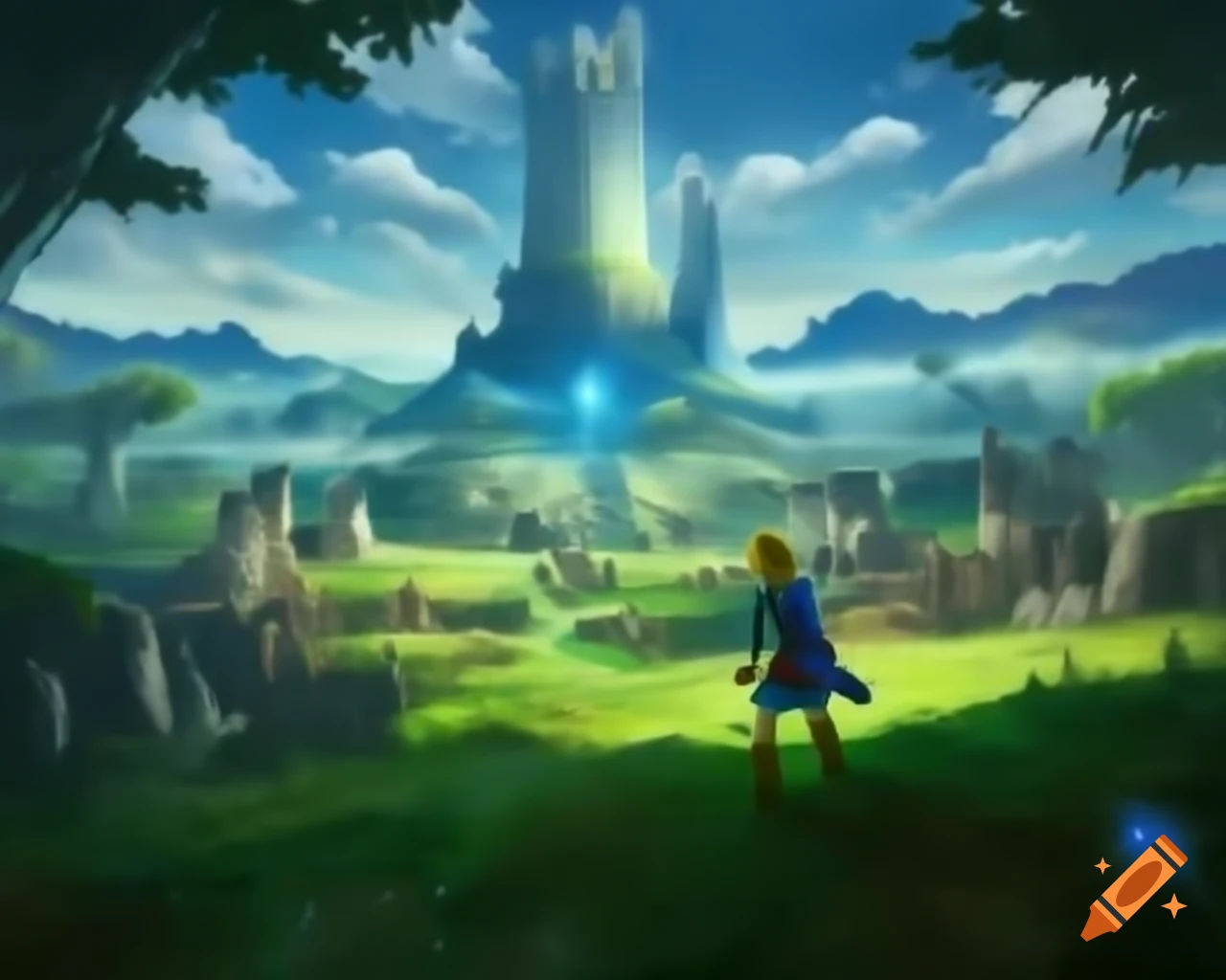 Mystical landscape of Hyrule featuring floating castle, ancient ruins ...