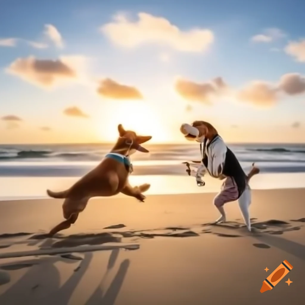 Two dogs dancing with sunglasses at Tel Aviv beach during sunset on Craiyon