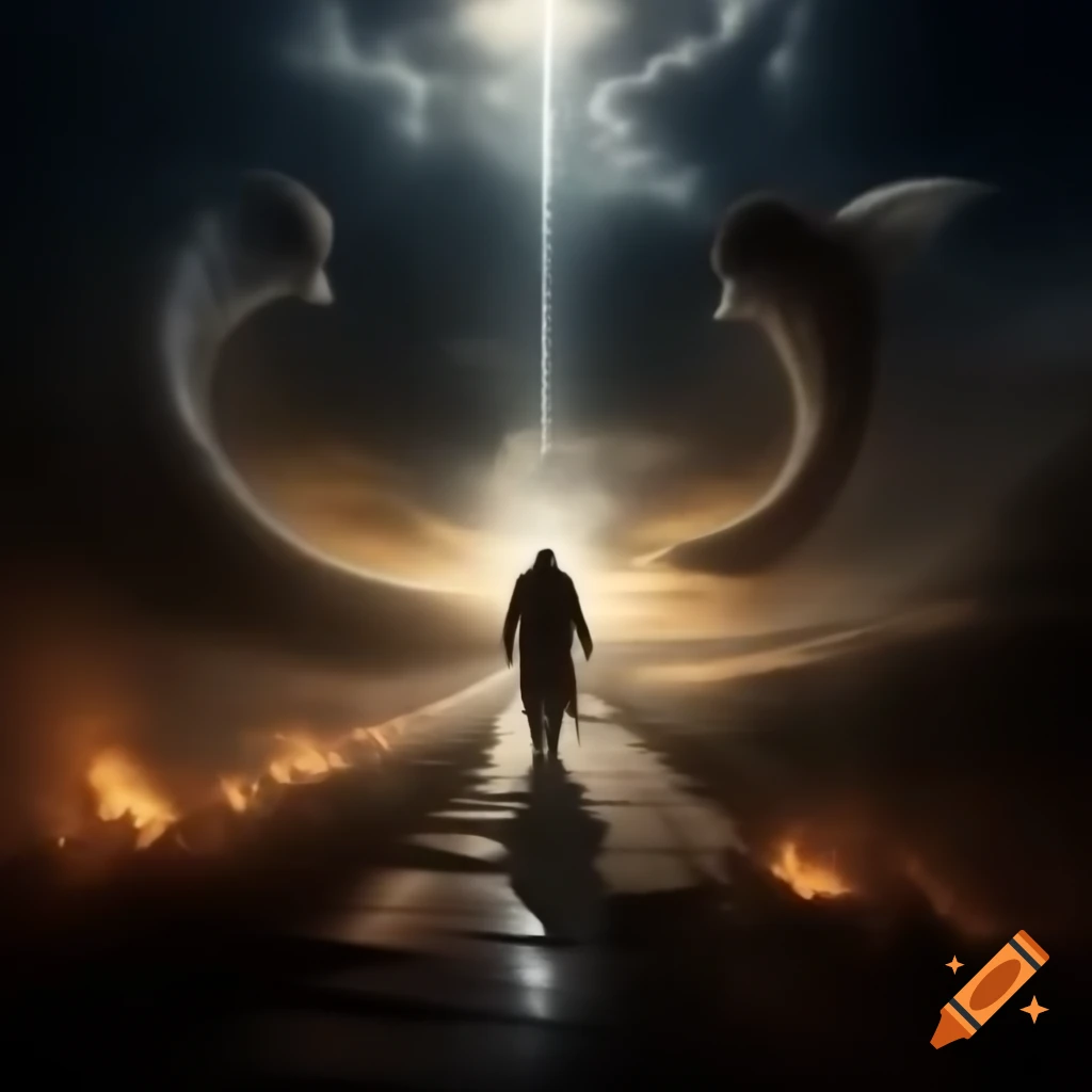 Symbolic scene of two paths: one to heaven with angels, the other to hell with fire and a ...