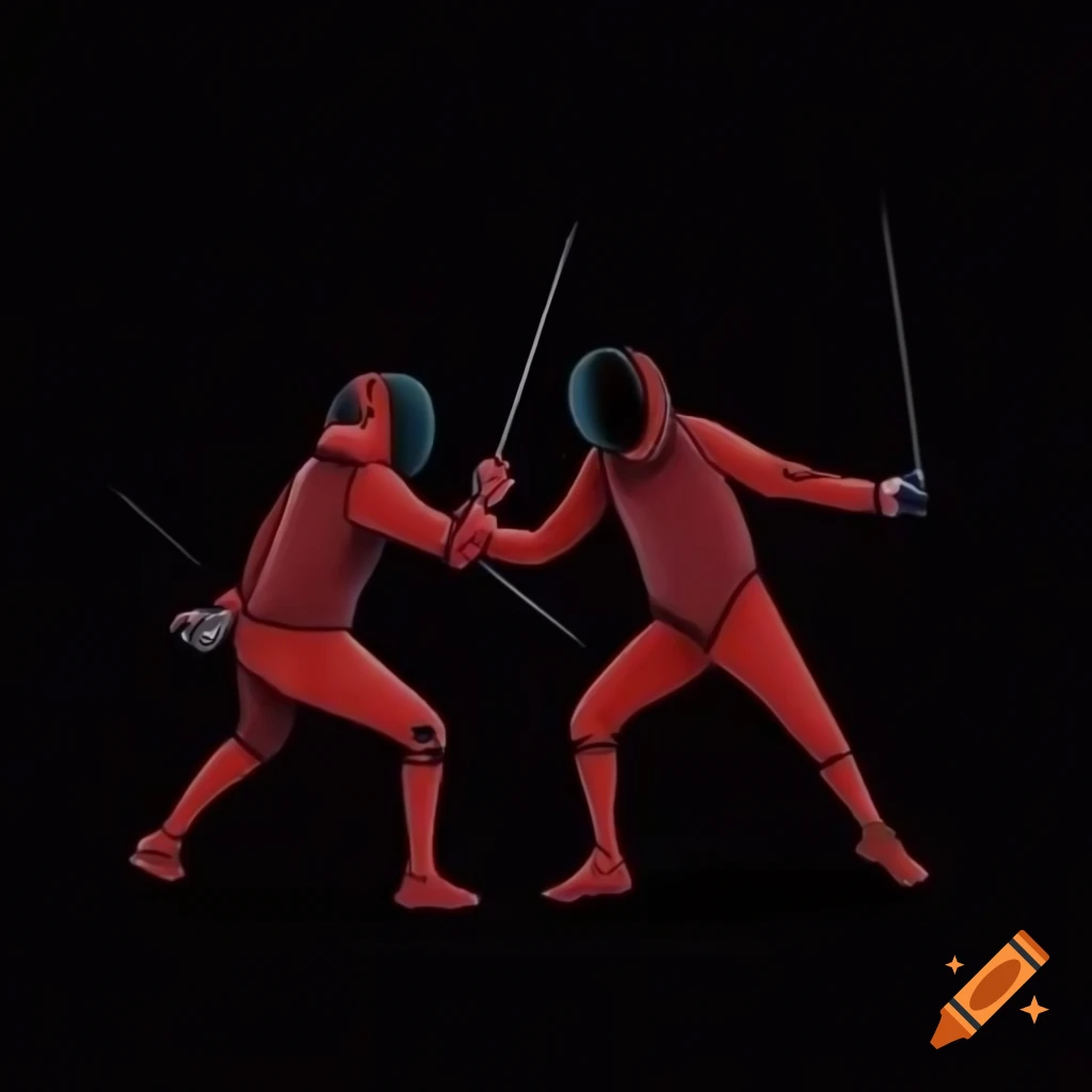 Abstract drawing of two swordsmen fighting in red fencing suits on Craiyon