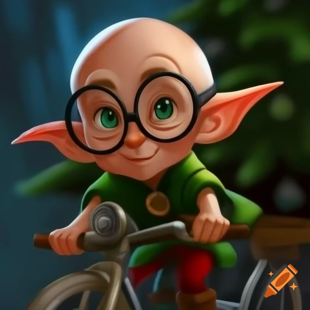 Bald elf with glasses riding bicycle on turbo trainer during Christmas ...