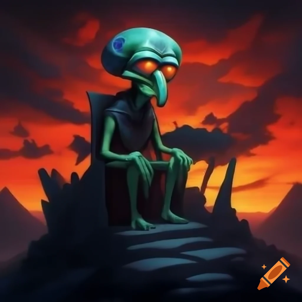 Silhouette of squidward on volcano throne against sunset on Craiyon