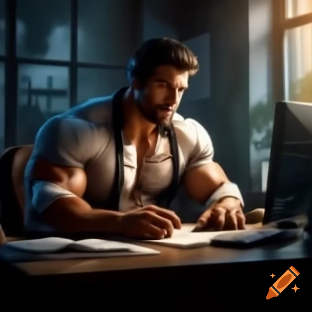 Muscular software developer reviewing student applications with coffee ...