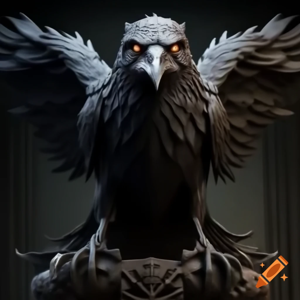 Colossal obsidian raven statue with detailed Eldritch carvings and ...