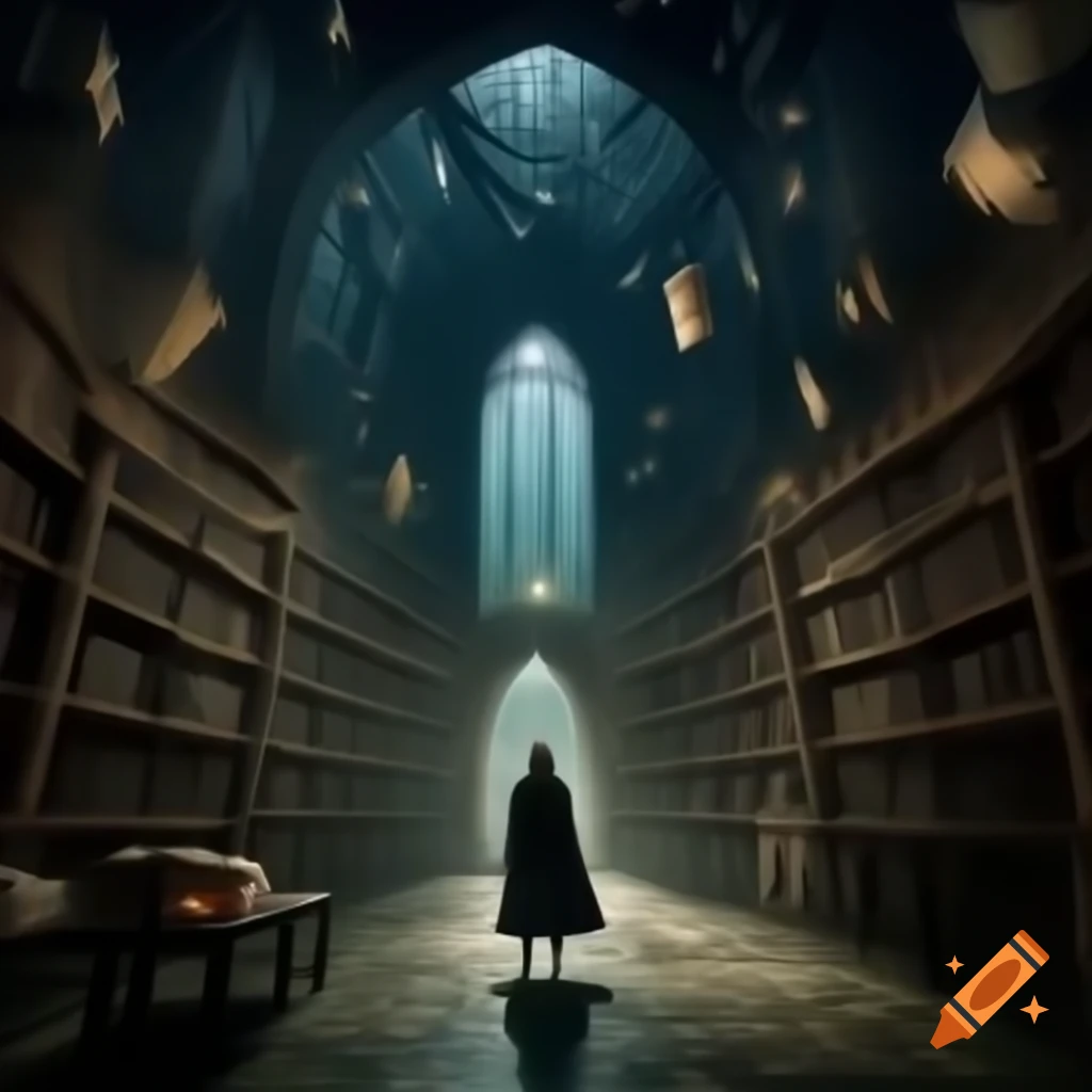 Harry Potter stands in a grand magical library above a mystical crypt ...