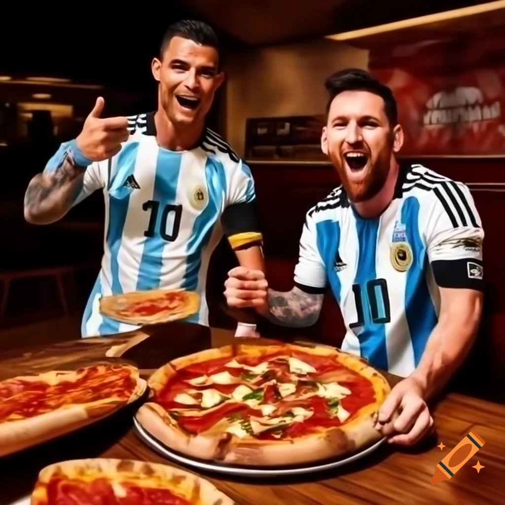 Cristiano Ronaldo flipping pizza and Lionel Messi adding cheese at ...
