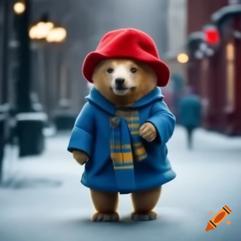 Paddington Bear in red hat and blue coat walking in winter city of Irkutsk on Craiyon